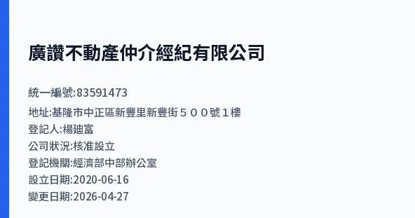 廣讚不動產仲介經紀有限公司的照片-統編 83591473(基隆市) 公司登記資料與營業項目詳細圖表