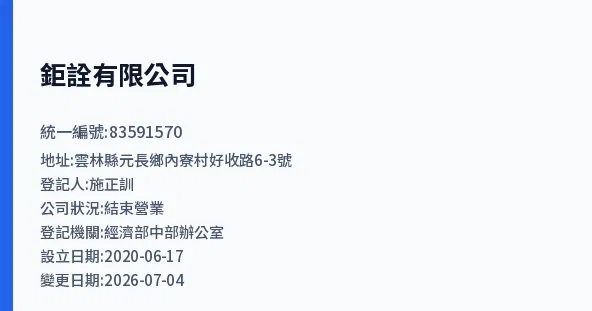 鉅詮有限公司的照片-統編 83591570(雲林縣) 公司登記資料與營業項目詳細圖表