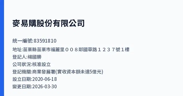 麥易購股份有限公司的照片-統編 83591810(苗栗縣) 公司登記資料與營業項目詳細圖表