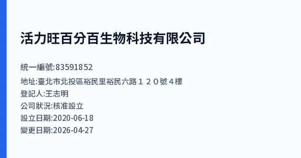 活力旺百分百生物科技有限公司的照片-統編 83591852(臺北市) 公司登記資料與營業項目詳細圖表