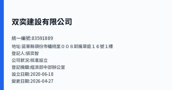 双奕建設有限公司的照片-統編 83591889(苗栗縣) 公司登記資料與營業項目詳細圖表