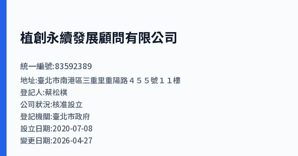 植創永續發展顧問有限公司的照片-統編 83592389(臺北市) 公司登記資料與營業項目詳細圖表