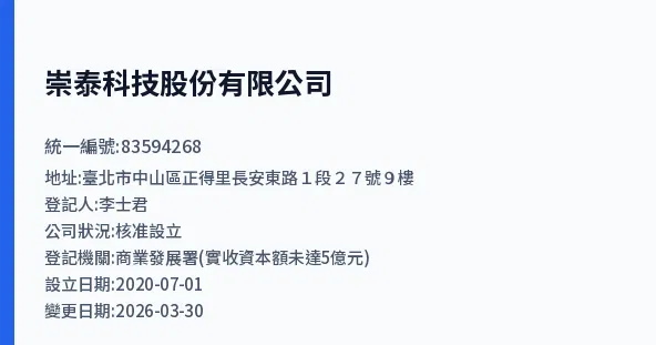 崇泰科技股份有限公司的照片-統編 83594268(臺北市) 公司登記資料與營業項目詳細圖表