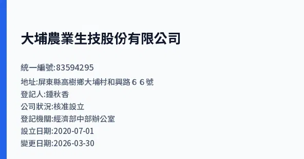 大埔農業生技股份有限公司的照片-統編 83594295(屏東縣) 公司登記資料與營業項目詳細圖表