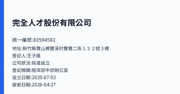 完全人才股份有限公司的照片-統編 83594582(新竹縣) 公司登記資料與營業項目詳細圖表