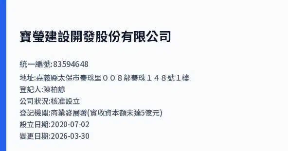 寶瑩建設開發股份有限公司的照片-統編 83594648(嘉義縣) 公司登記資料與營業項目詳細圖表