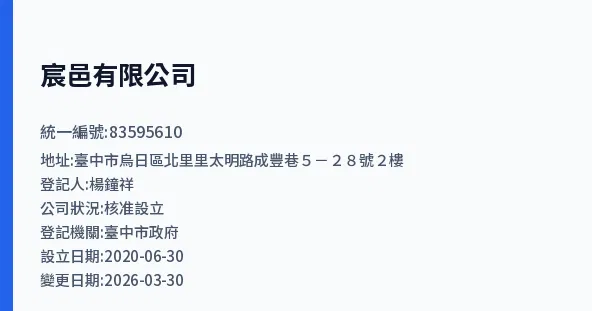 宸邑有限公司的照片-統編 83595610(臺中市) 公司登記資料與營業項目詳細圖表
