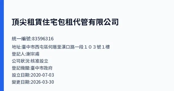 頂尖租賃住宅包租代管有限公司的照片-統編 83596316(臺中市) 公司登記資料與營業項目詳細圖表