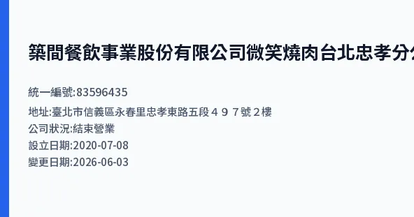 築間餐飲事業股份有限公司微笑燒肉台北忠孝分公司的照片-統編 83596435(臺北市) 公司登記資料與營業項目詳細圖表