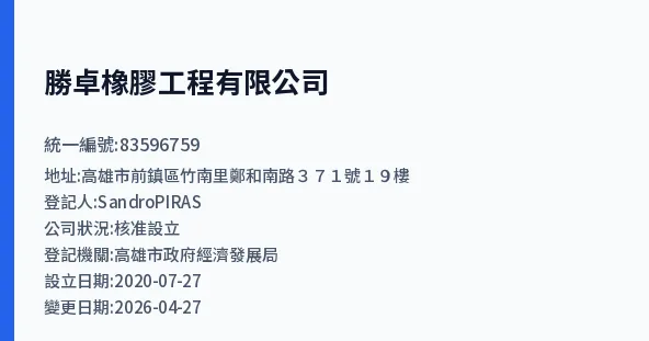 勝卓橡膠工程有限公司的照片-統編 83596759(高雄市) 公司登記資料與營業項目詳細圖表