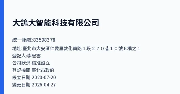 大鴿大智能科技有限公司的照片-統編 83598378(臺北市) 公司登記資料與營業項目詳細圖表