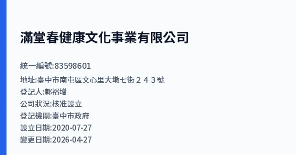 滿堂春健康文化事業有限公司的照片-統編 83598601(臺中市) 公司登記資料與營業項目詳細圖表