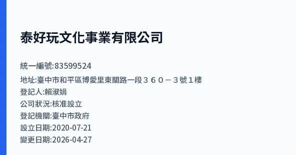 泰好玩文化事業有限公司的照片-統編 83599524(臺中市) 公司登記資料與營業項目詳細圖表