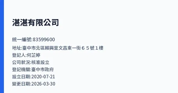 湛湛有限公司的照片-統編 83599600(臺中市) 公司登記資料與營業項目詳細圖表