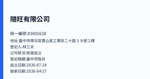 隨旺有限公司的照片-統編 83601628(臺中市) 公司登記資料與營業項目詳細圖表