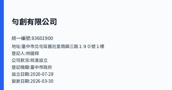 勻創有限公司的照片-統編 83601900(臺中市) 公司登記資料與營業項目詳細圖表