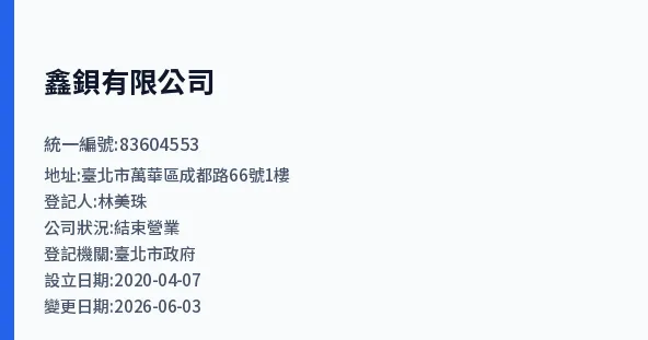 鑫鋇有限公司的照片-統編 83604553(臺北市) 公司登記資料與營業項目詳細圖表