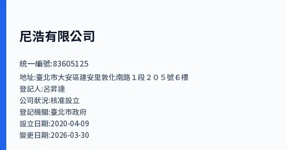 尼浩有限公司的照片-統編 83605125(臺北市) 公司登記資料與營業項目詳細圖表