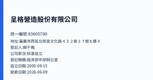 呈格營造股份有限公司的照片-統編 83605700(嘉義市) 公司登記資料與營業項目詳細圖表