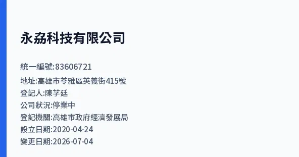 永劦科技有限公司的照片-統編 83606721(高雄市) 公司登記資料與營業項目詳細圖表