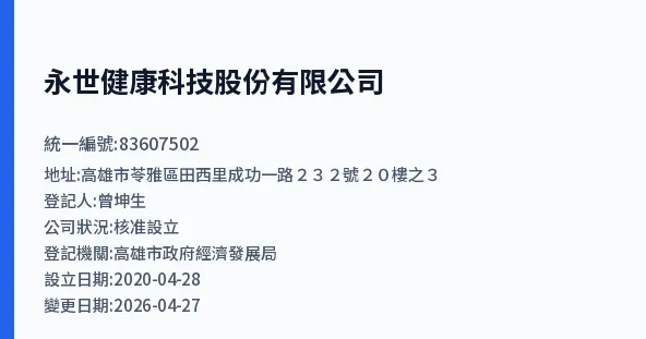 永世健康科技股份有限公司的照片-統編 83607502(高雄市) 公司登記資料與營業項目詳細圖表