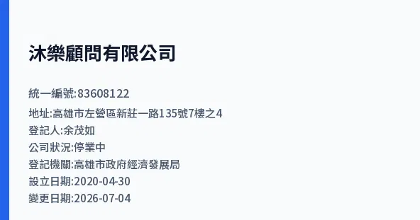 沐樂顧問有限公司的照片-統編 83608122(高雄市) 公司登記資料與營業項目詳細圖表