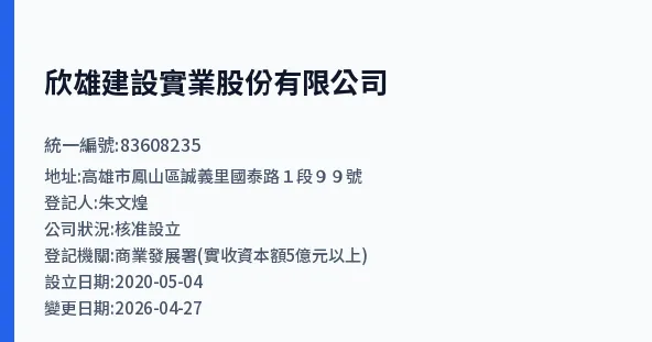 欣雄建設實業股份有限公司的照片-統編 83608235(高雄市) 公司登記資料與營業項目詳細圖表