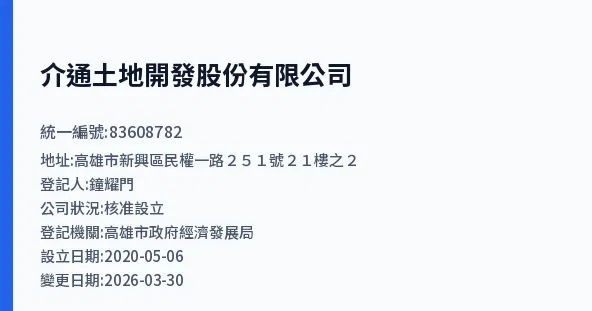 介通土地開發股份有限公司的照片-統編 83608782(高雄市) 公司登記資料與營業項目詳細圖表