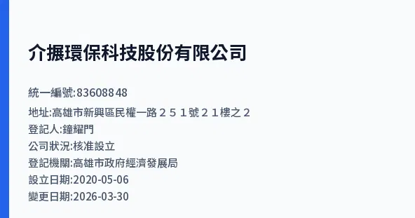 介搌環保科技股份有限公司的照片-統編 83608848(高雄市) 公司登記資料與營業項目詳細圖表