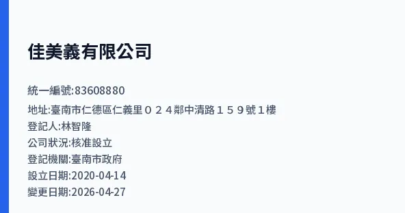 佳美義有限公司的照片-統編 83608880(臺南市) 公司登記資料與營業項目詳細圖表