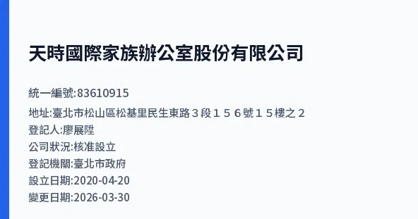 天時國際家族辦公室股份有限公司的照片-統編 83610915(臺北市) 公司登記資料與營業項目詳細圖表