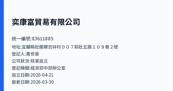 奕康富貿易有限公司的照片-統編 83611885(宜蘭縣) 公司登記資料與營業項目詳細圖表