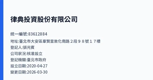 律典投資股份有限公司的照片-統編 83612884(臺北市) 公司登記資料與營業項目詳細圖表
