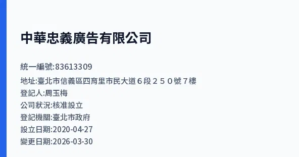 中華忠義廣告有限公司的照片-統編 83613309(臺北市) 公司登記資料與營業項目詳細圖表