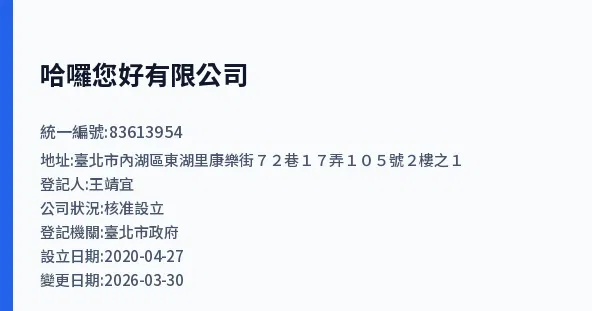 哈囉您好有限公司的照片-統編 83613954(臺北市) 公司登記資料與營業項目詳細圖表