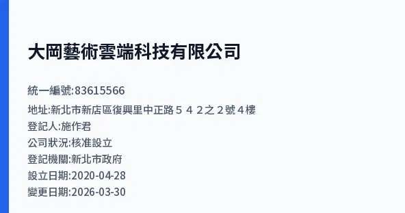 大岡藝術雲端科技有限公司的照片-統編 83615566(新北市) 公司登記資料與營業項目詳細圖表