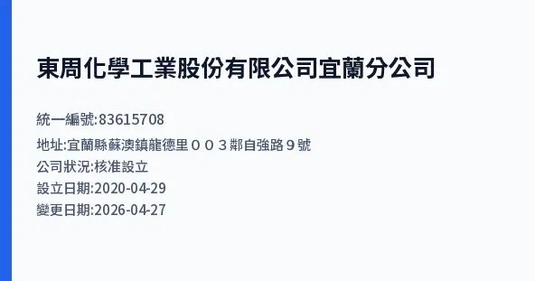 東周化學工業股份有限公司宜蘭分公司的照片-統編 83615708(宜蘭縣) 公司登記資料與營業項目詳細圖表