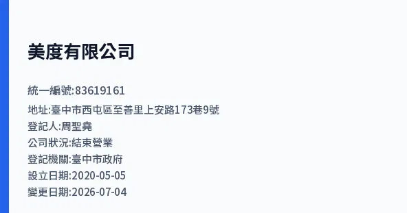 美度有限公司的照片-統編 83619161(臺中市) 公司登記資料與營業項目詳細圖表