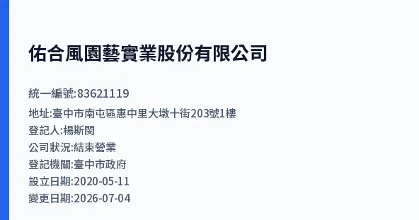 佑合風園藝實業股份有限公司的照片-統編 83621119(臺中市) 公司登記資料與營業項目詳細圖表