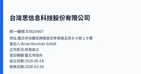 台灣思信息科技股份有限公司的照片-統編 83625467(臺北市) 公司登記資料與營業項目詳細圖表