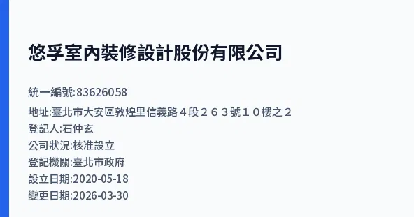 悠孚室內裝修設計股份有限公司的照片-統編 83626058(臺北市) 公司登記資料與營業項目詳細圖表