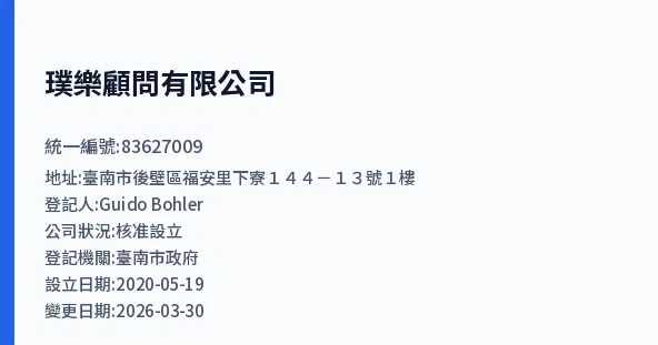 璞樂顧問有限公司的照片-統編 83627009(臺南市) 公司登記資料與營業項目詳細圖表