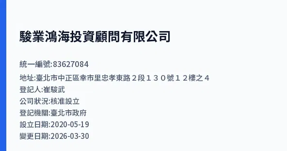 駿業鴻海投資顧問有限公司的照片-統編 83627084(臺北市) 公司登記資料與營業項目詳細圖表