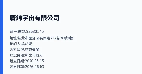 慶錦宇宙有限公司的照片-統編 83630145(新北市) 公司登記資料與營業項目詳細圖表