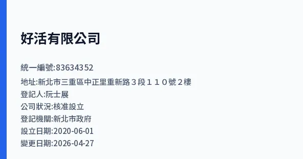 好活有限公司的照片-統編 83634352(新北市) 公司登記資料與營業項目詳細圖表