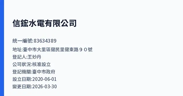 信鋐水電有限公司的照片-統編 83634389(臺中市) 公司登記資料與營業項目詳細圖表