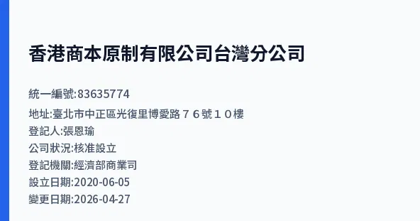 香港商本原制有限公司台灣分公司的照片-統編 83635774(臺北市) 公司登記資料與營業項目詳細圖表