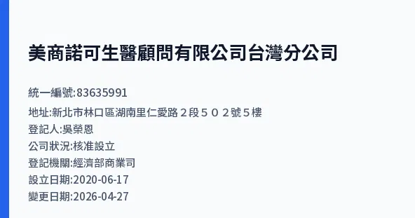 美商諾可生醫顧問有限公司台灣分公司的照片-統編 83635991(新北市) 公司登記資料與營業項目詳細圖表