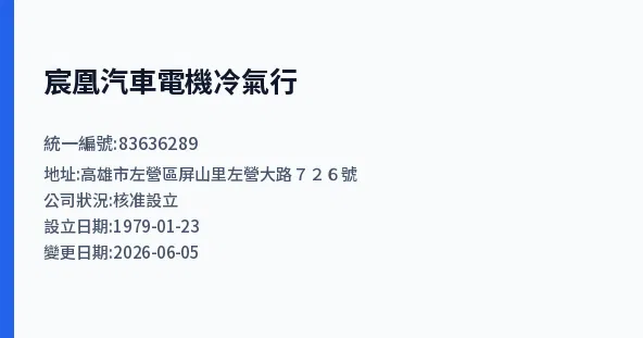 宸凰汽車電機冷氣行的照片-統編 83636289(高雄市) 公司登記資料與營業項目詳細圖表
