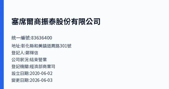塞席爾商振泰股份有限公司的照片-統編 83636400(彰化縣) 公司登記資料與營業項目詳細圖表